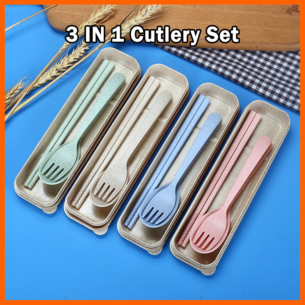 3 In 1 Wheat Straw Cutlery Set Spoon Fork Chopstick For Weeding Party ...