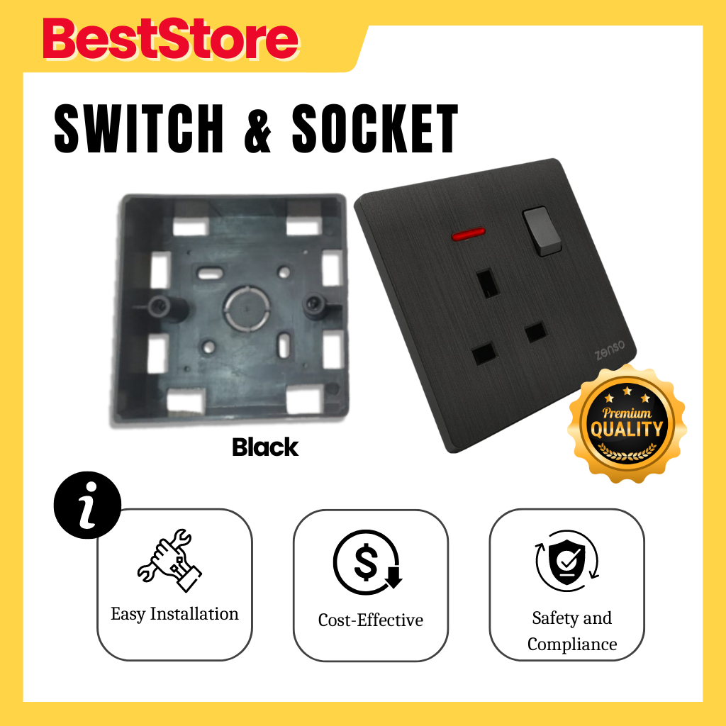 【SIRIM】 BLACK Power Wall Plug 13A Switch Socket Outlet Soket Plug 3 Pin ...