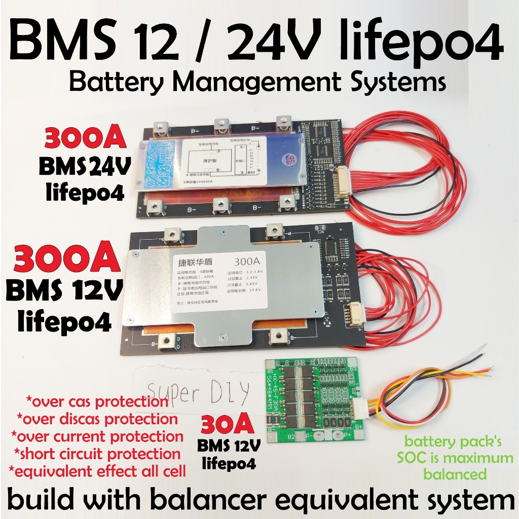 12V 24V LiFePO4 battery set BMS 300A protection lithium iron phosphate ...