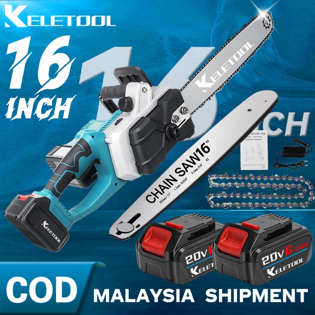 KELETOOL 16 Inch Chainsaw Cordless mesin Gergaji Elektrik Panjang Portable Tree Cutter Heavy ...