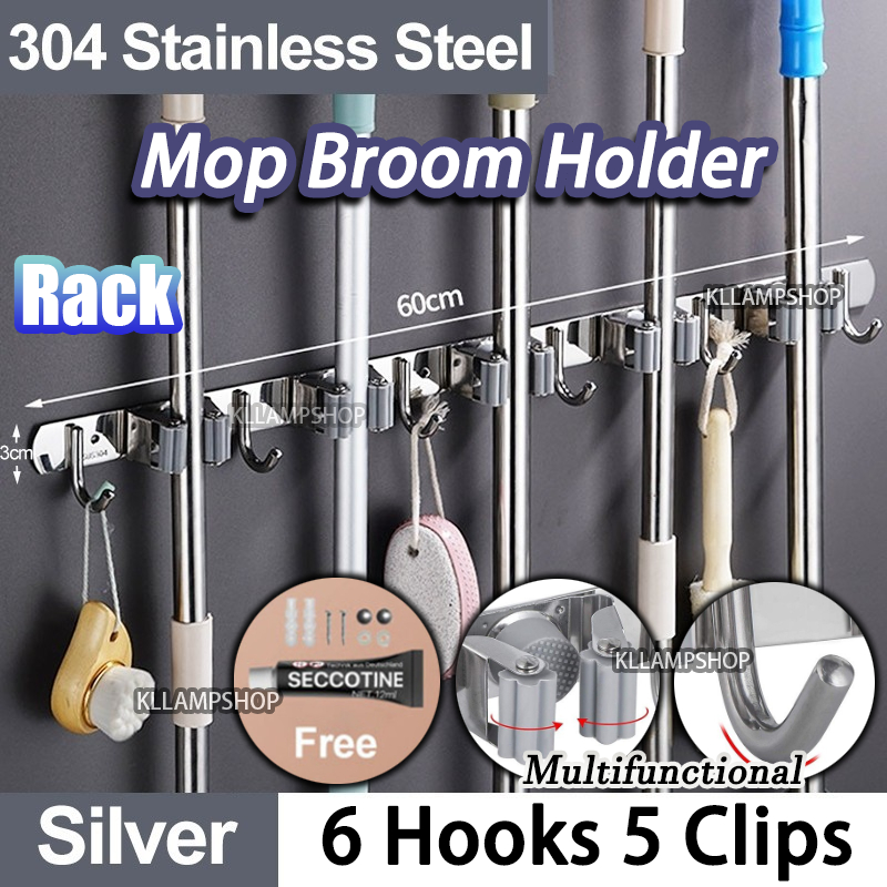👍Stainless Steel Mop Broom Holder Rak Bilik Air with 6 Hook 5 Clip ...