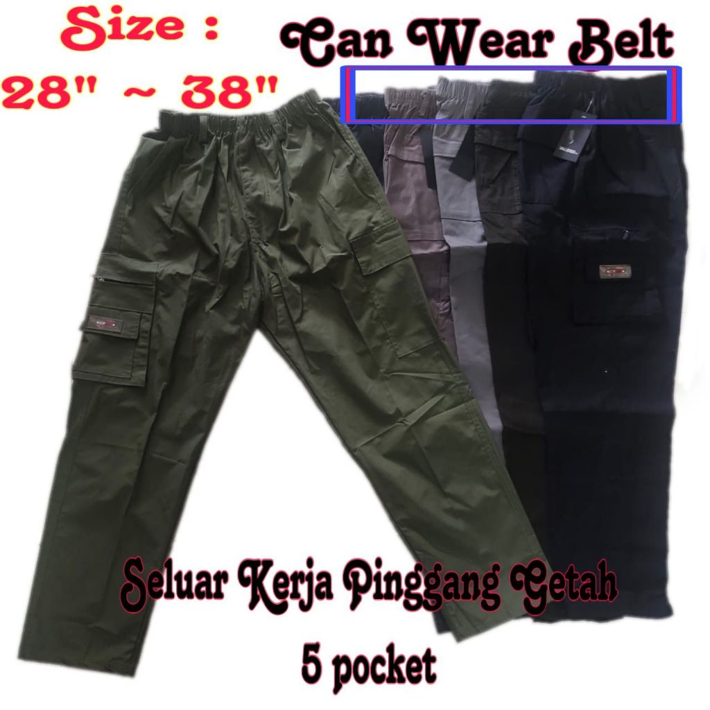 Seluar Cargo Bergetah Straight Cut 5 Pocket Bertali Pinggang/Working ...