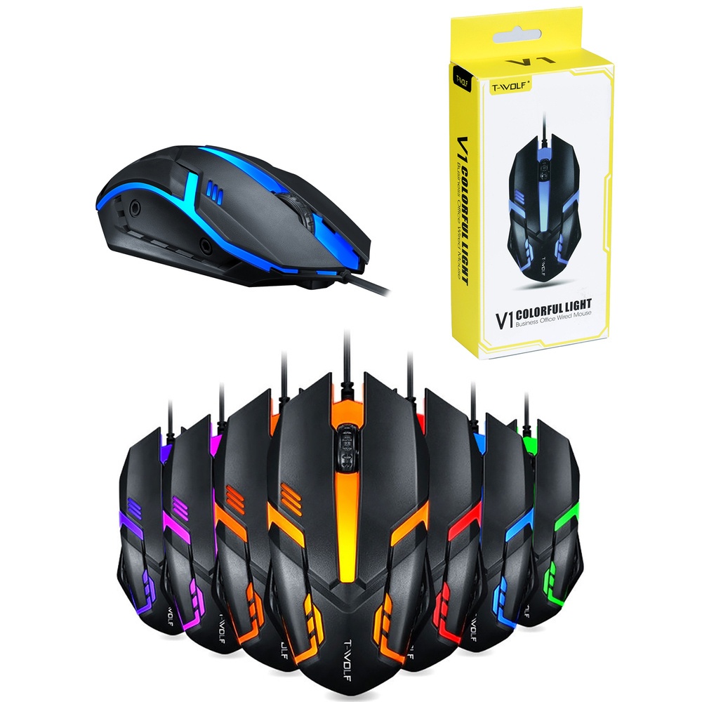 T-WOLF V1 Colorful Light Business Office Wired Mouse Stylish Optical ...