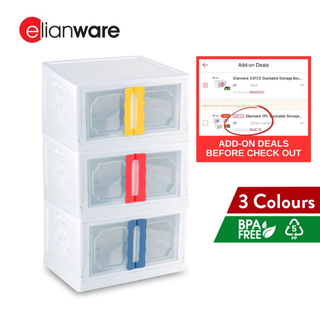 Elianware 1/3PCS Stackable Storage Box Drawer Almari Baju Almari ...