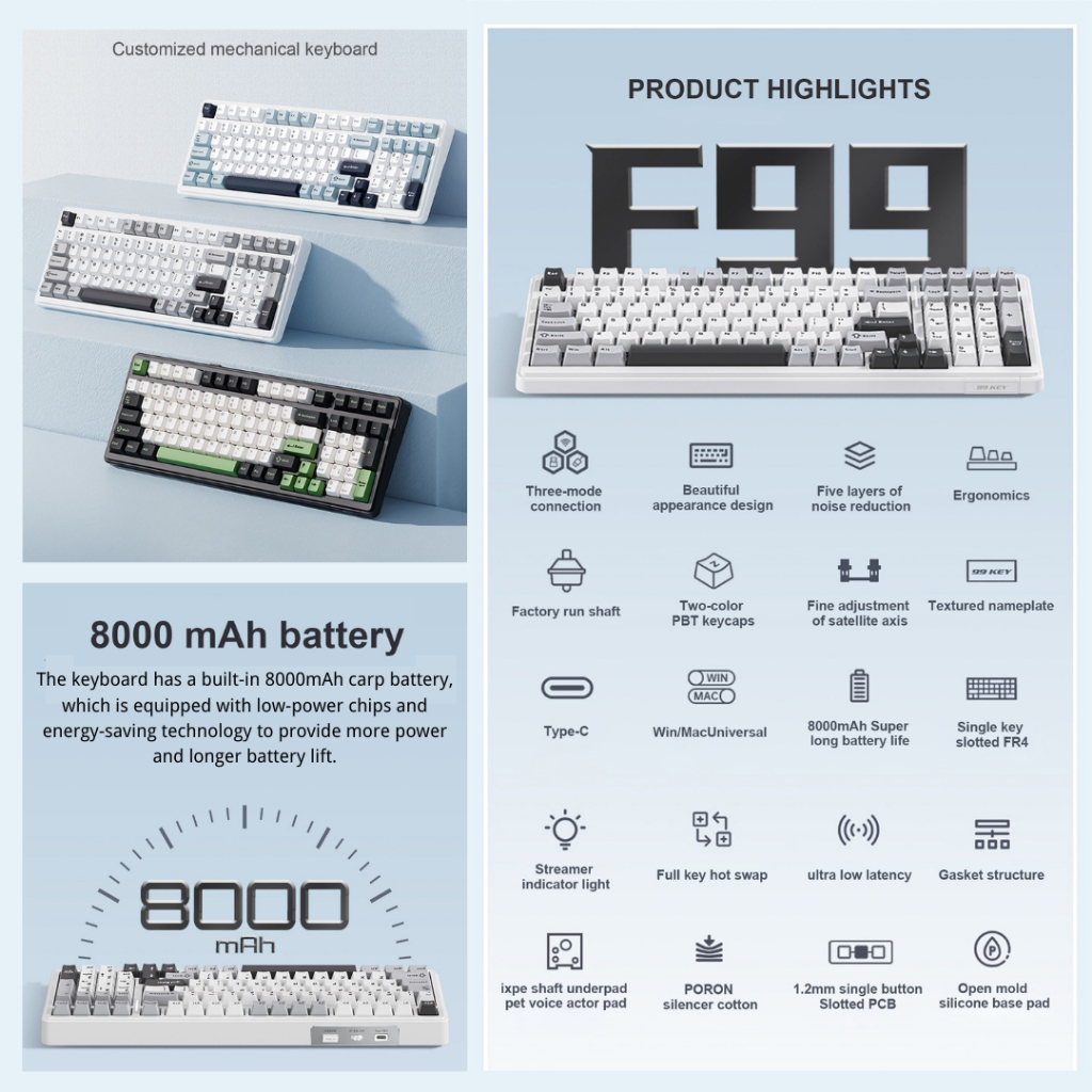 AULA F99 Customized Mechanical Keyboard 99 keys The 3 Mode Hot-swap ...