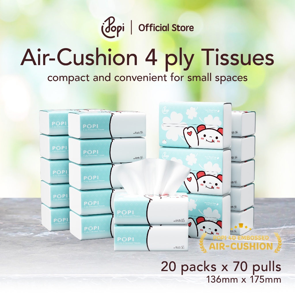 20 packs Popi Tisu Air Cushion 4 ply Embossed Tissues | 4D Emboss Soft ...