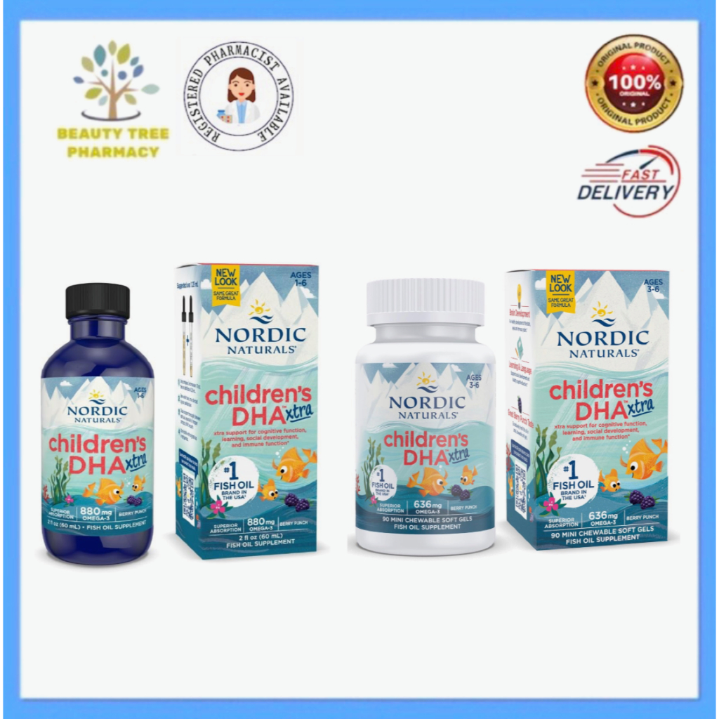Nordic Naturals Fish Oil Children's DHA Xtra, Ages 1-6 Berry 880mg Liquid 60ml / 636mg 90 mini ...