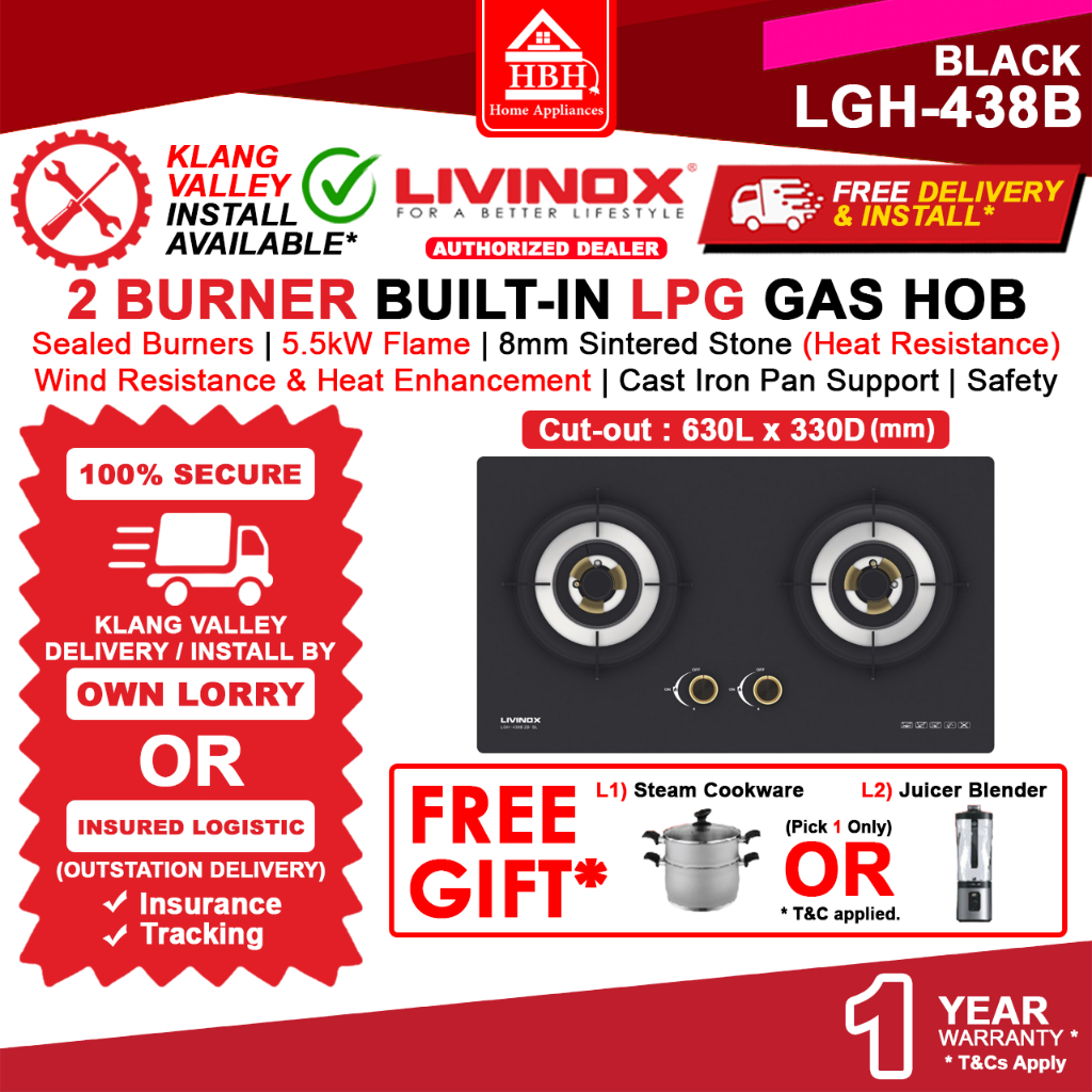 (FREE GIFT) Livinox LGH-438B 5.5kW 2 Burner Built In Sintered Stone Gas ...