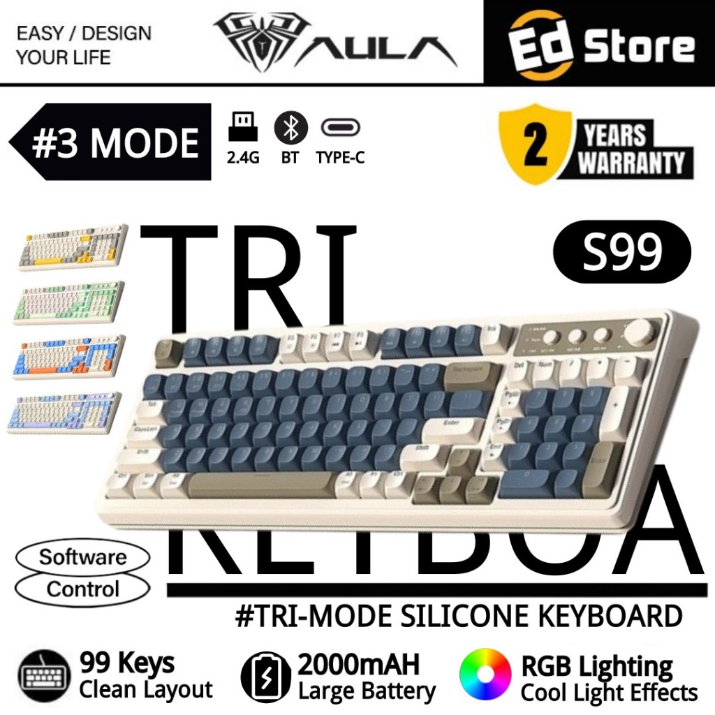 Aula S99 RGB Membrane Keyboard 3Mode Wireless Bluetooth Wired Keyboard ...