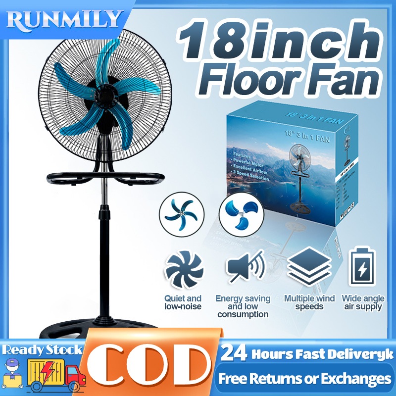 RUNMILY Stand Fan 18 inch Floor Fan 3 Speed Mode 5 blades Kipas Berdiri ...