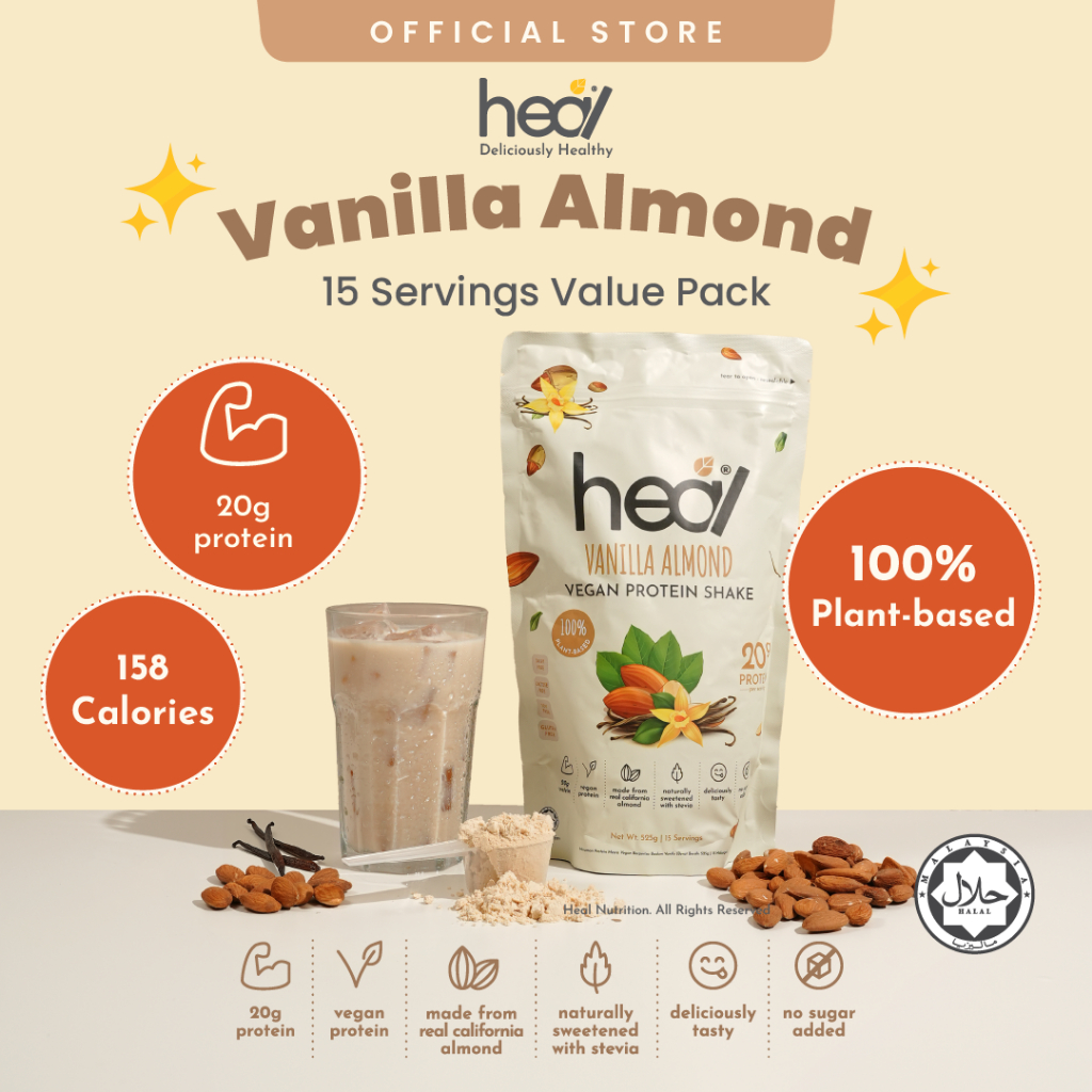 Heal Vanilla Almond Vegan Pea Protein Shake Plant Based Powder (525g ...