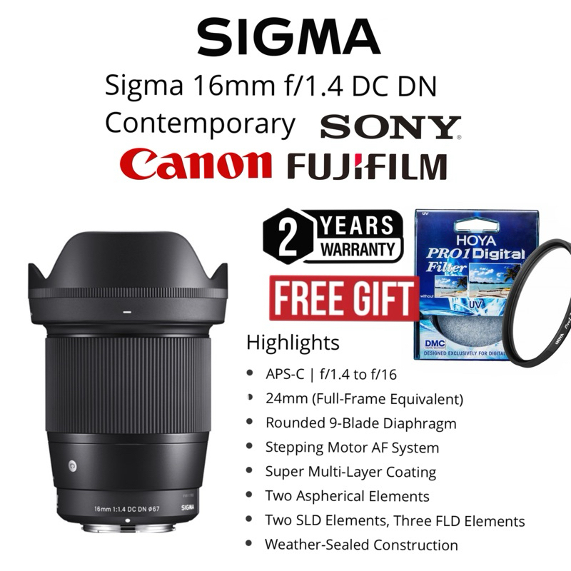 SIGMA 16MM F/1.4 DC DN COMTEMPORARY LENS FOR CANON EFM MOUNT/FUJI X ...