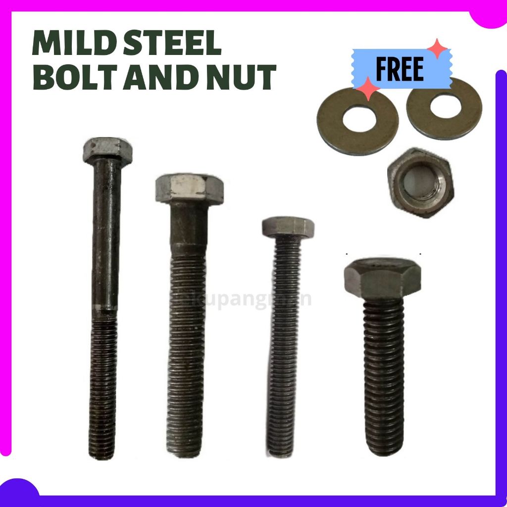 [1 PCS] Black Mild Steel 1/2" Hexagon Bolt and Nut With Washer Nut 4 ...