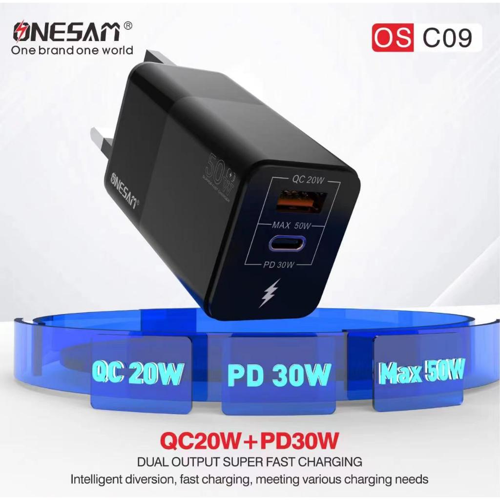 ONESAM OS-C09 GaN 50W Charger Adapter / PD 30W + QC 20W Super Quick Fast Charging / UK Plug ...