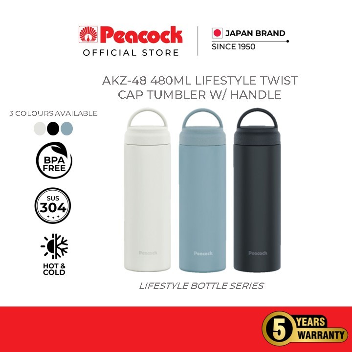 PEACOCK AKZ-48 Lifestyle Thermos Twist Vacuum Insulated Bottle with Handle SUS304 Botol Air ...