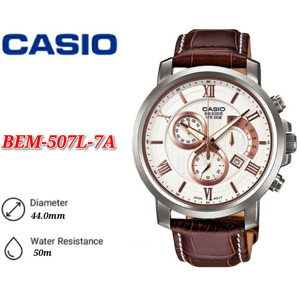 Casio BESIDE Men Chronograph Leather Watch BEM-507L-7A | Shopee Malaysia