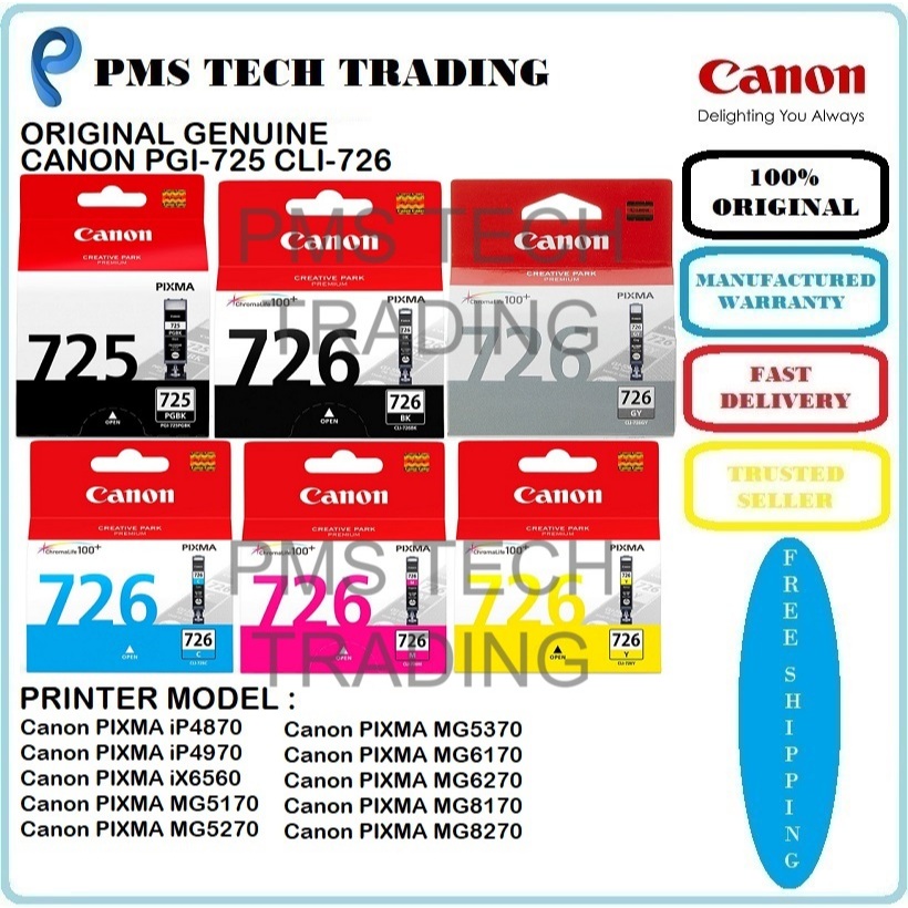 CANON ORIGINAL INKJET PGI-725 BLACK CLI-726 BLACK CYAN MAGENTA YELLOW ...