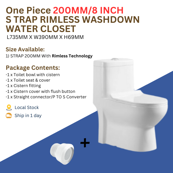 VEROWARE One Piece WC S Trap 200mm 8 inch Gloss White Rimless Washdown ...