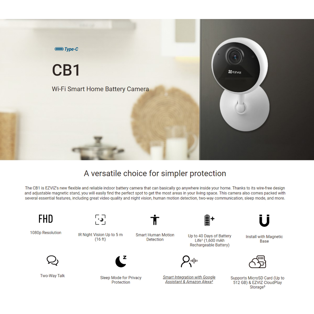 Ezviz CB1 /CB2 NEW BC2 mini 2MP Indoor Wi-Fi Rechargeable Battery Night ...