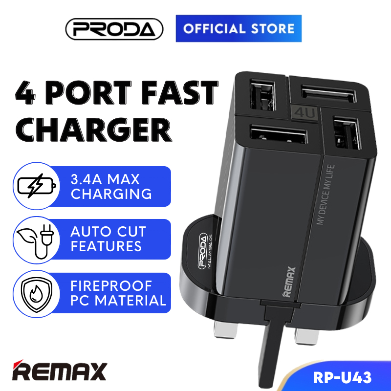 REMAX Travel Charger Adapter 3.4A Fast Charging 4 USB Port Portable ...