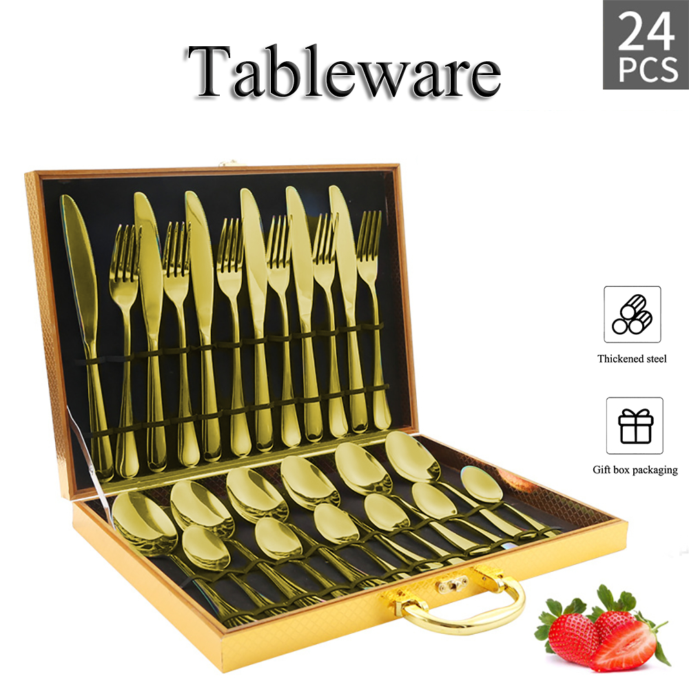24PCS PREMIUM Stainless Steel Gold Cutlery Set Sudu Garfu Fork Spoon ...