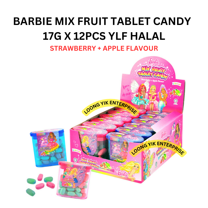 BARBIE MIX FRUIT TABLET CANDY STRAWBERRY + APPLE FLAVOUR 17G X 12PCS ...