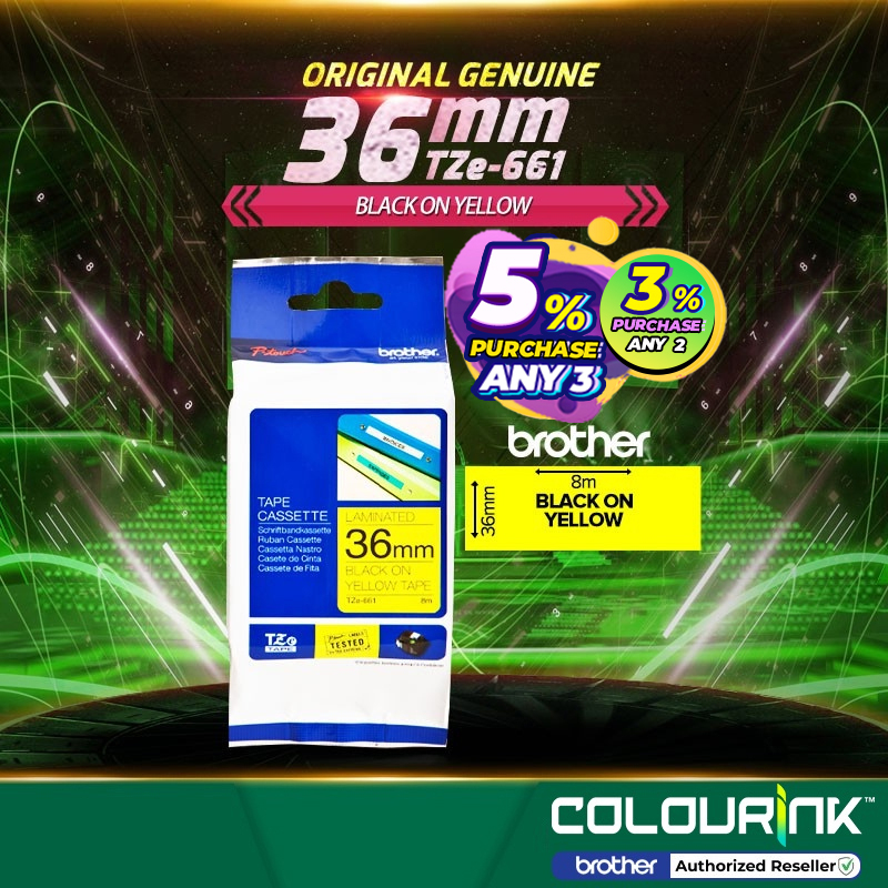Brother Original TZe-661 36mm Black on Yellow P-Touch Laminated Sticker ...