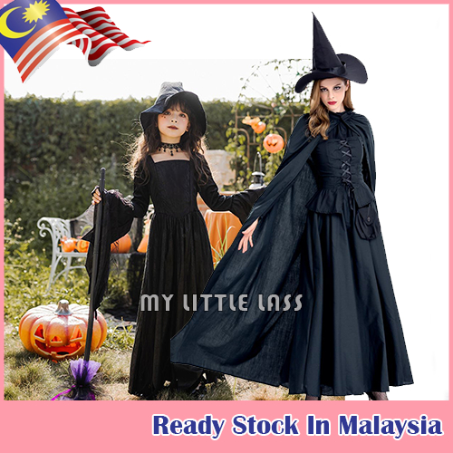 Women Girls Wicked Witch Costume Black Long Sleeve Corset Style Dress ...