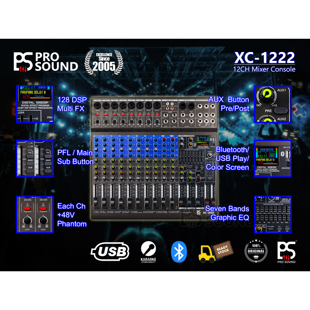 PS Pro Sound XC-1222 12 Channel Input Mixer Console with 36DSP Effects ...