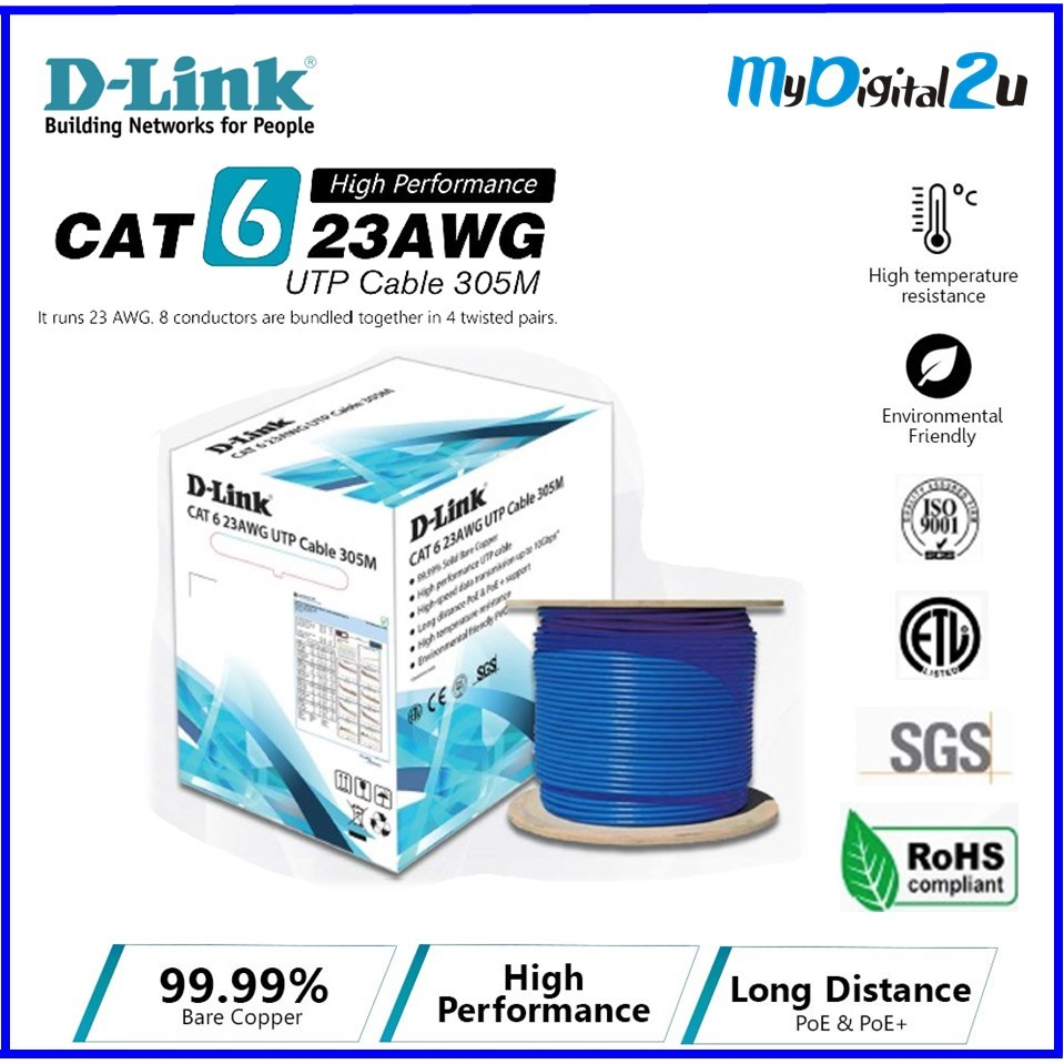 D-LINK Cat 6 UTP 23AWG Solid:305M Blue (NCB-C6UBLUR-305) | Shopee Malaysia