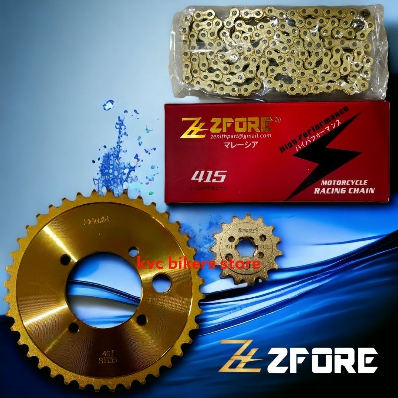 ZFORE 415 HEAVY DUTY GOLD CHAIN + SPROCKET SET LC135,Y15ZR Y16ZR 4HOLE HUB,Y125ZR,RXZ,LADENDA110 ...