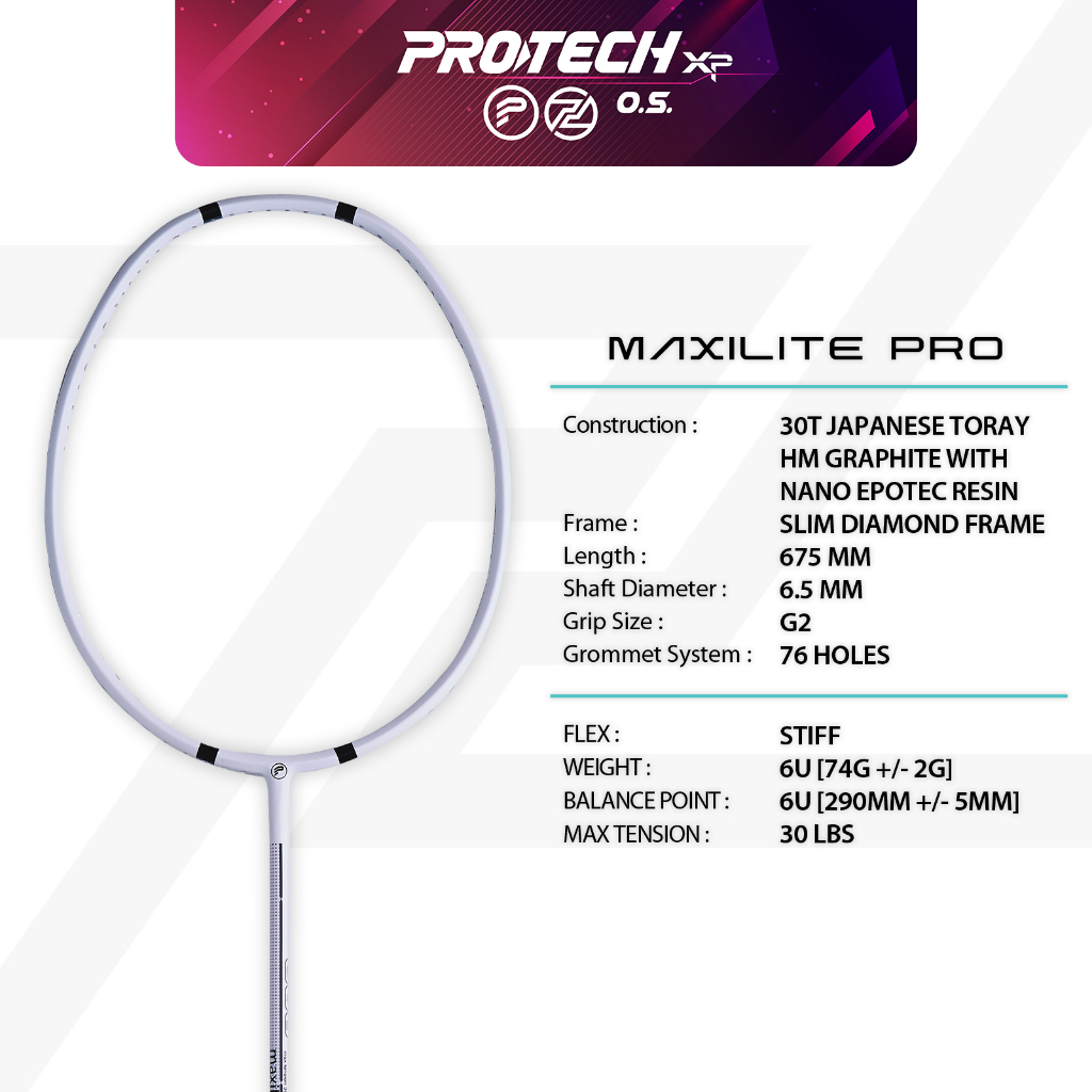 PROTECH Badminton Racket - Maxilite Pro (6UG1) (MAX 30LBS) (FREE String ...