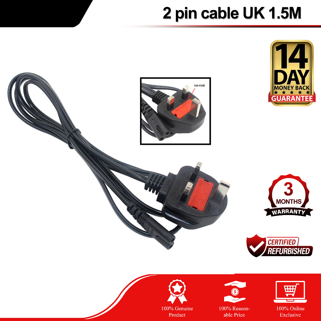 2 Pin Power Cord for Laptop with Fused POWER CABLE 2PIN UK 1.5M ...