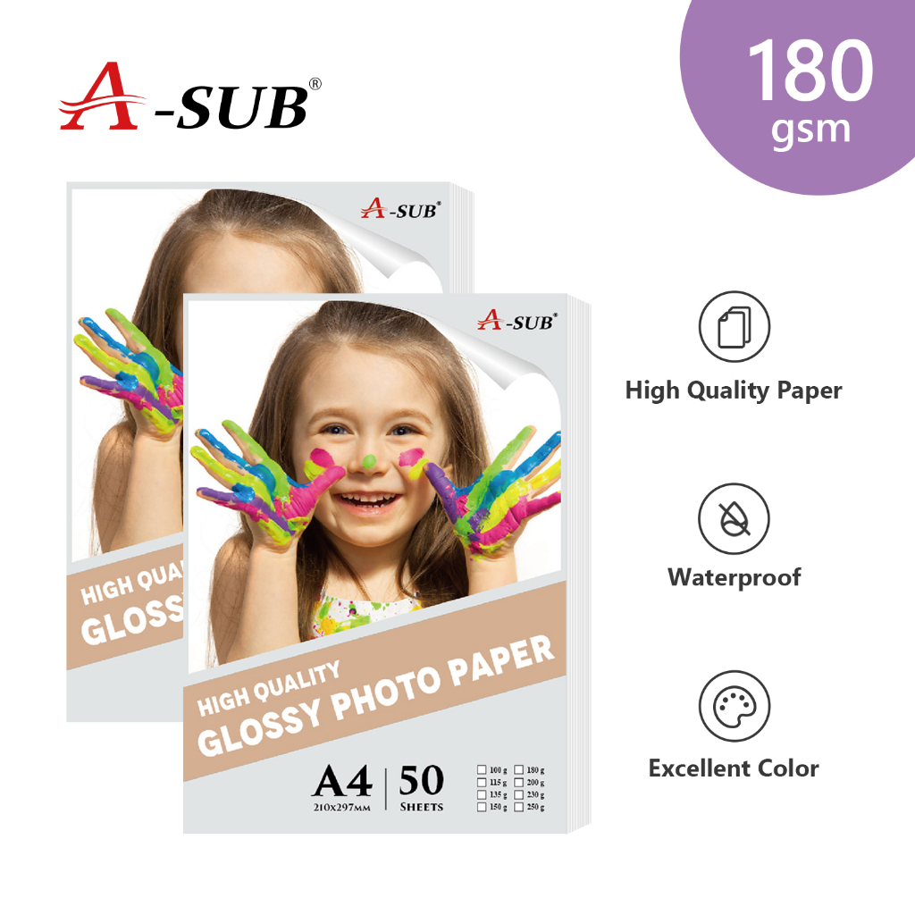 A-SUB A4/A3 Glossy Photo Paper Fast Dry 180gsm Photograph Inkjet ...