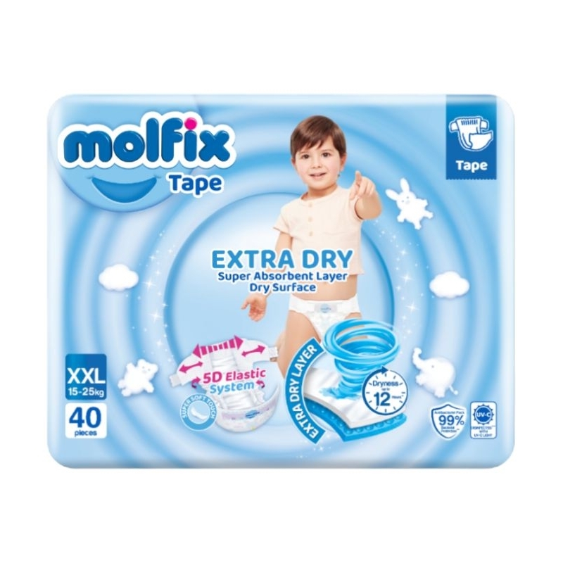 Molfix Extra Dry Tape Diaper Super Jumbo Pack (NB60/S80/M60/L58/XL50 ...