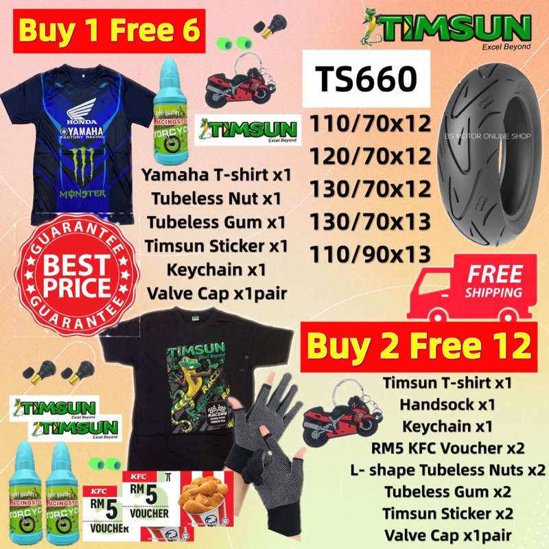 (FREE 12 hadiah) Timsun Tayar Motor TS660 (Tubeless) 110/70x12 120 ...