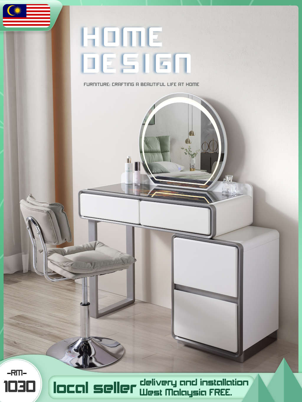 Stylish and Elegant Vanity Table: Round Starry Three-Color LED Mirror ...