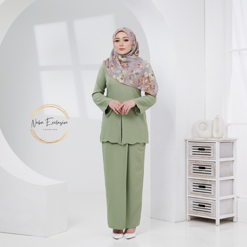 SAGE GREEN Kurung Moden Biku Kuntum | Shopee Malaysia