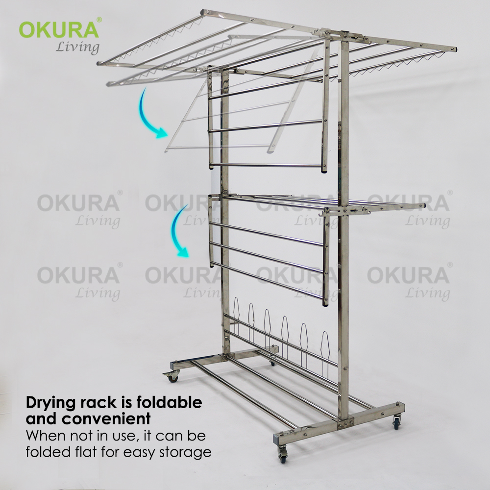 OKURA Stainless Steel Clothes Rack Cloth Drying Rack Foldable Mobility ...