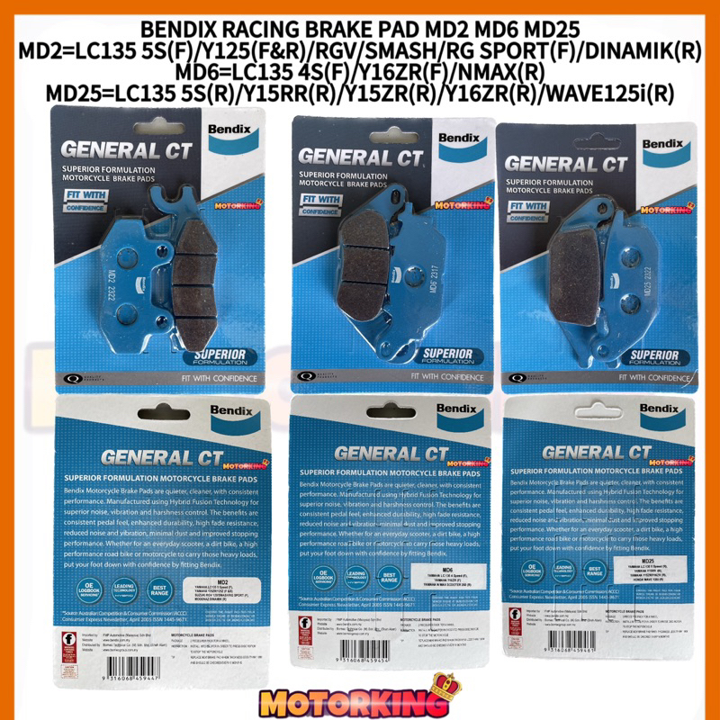 BENDIX RACING BRAKE PAD MD2 MD6 MD25 MD51 LC135 4S Y16ZR NMAX LC5S ...