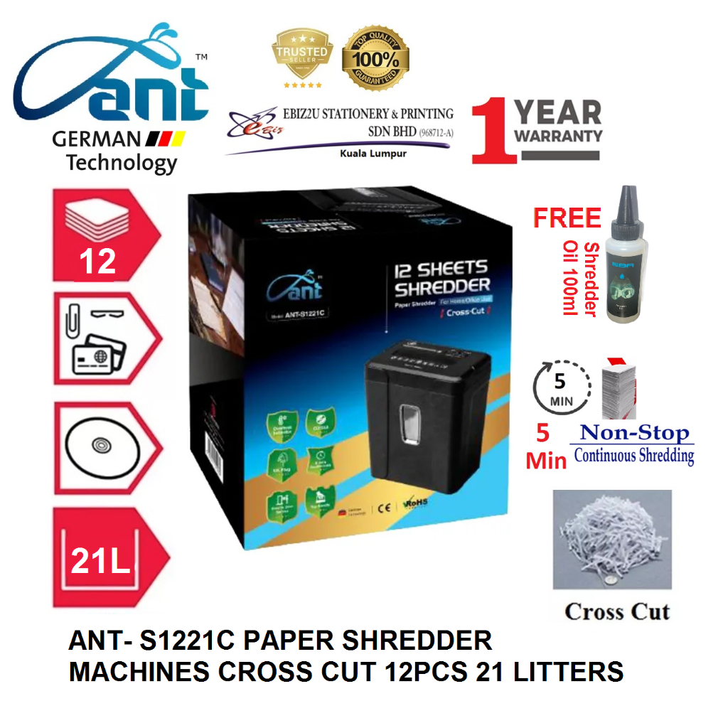 ANT- S1221C PAPER SHREDDER MACHINES CROSS CUT 4 X 35MM 12PCS 21 LITTERS ...