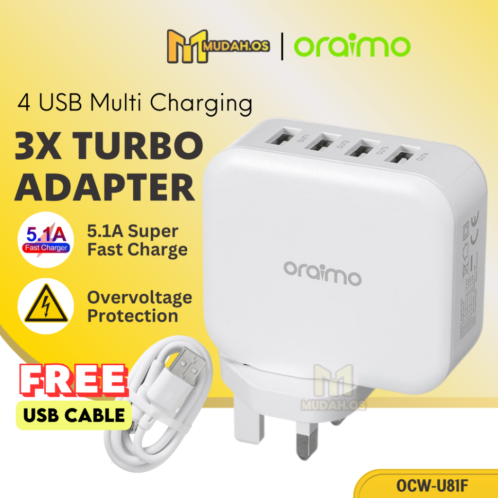 ORAIMO 5.1A Fast Charging Charger Adapter UK Plug Socket MDU81F 4 Port ...