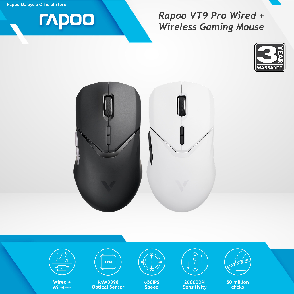 Rapoo VT9 Pro Wireless Gaming Mouse 2.4G Wired 26000 DPI Gamer Wireless ...