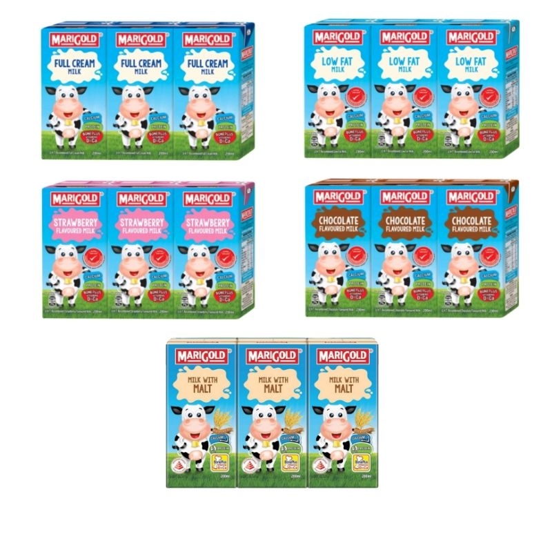 MARIGOLD UHT Milk 200ml x 3 Full Cream | Low Fat | Chocolate ...