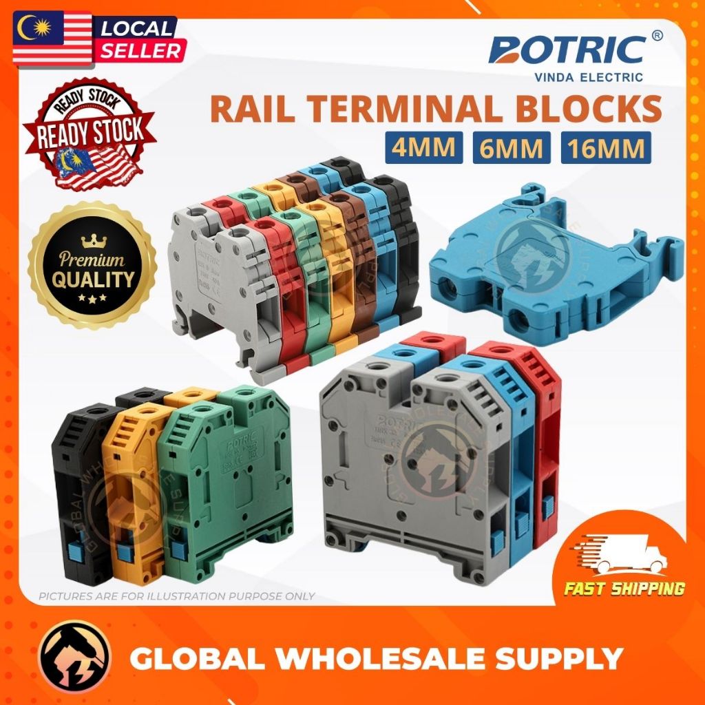 1PC BOTRIC 4mm 6mm 16mm 750V DIN Rail Terminal Mount Block Screw Type ...