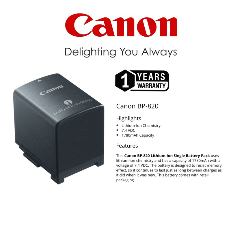 Canon BP-820 BP820 Lithium Ion rechargeable battery 1780Mah (1 years ...