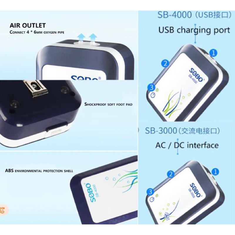 SOBO Mini AC/DC Air Pump SB-4000 Rechargeable Battery USB SB4000 ...