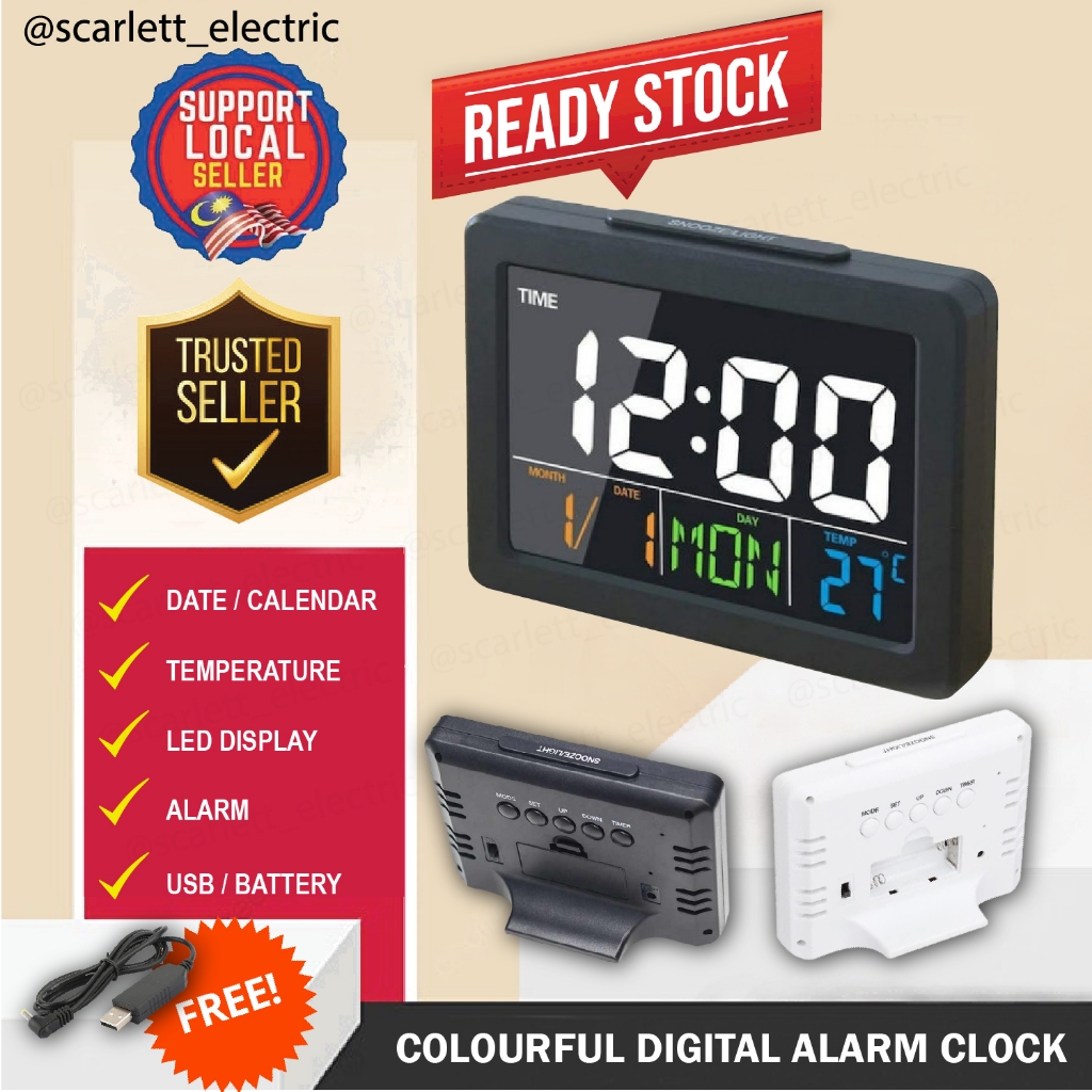 Digital Alarm Clock Colourful LED Large Screen Clock Time Date ...