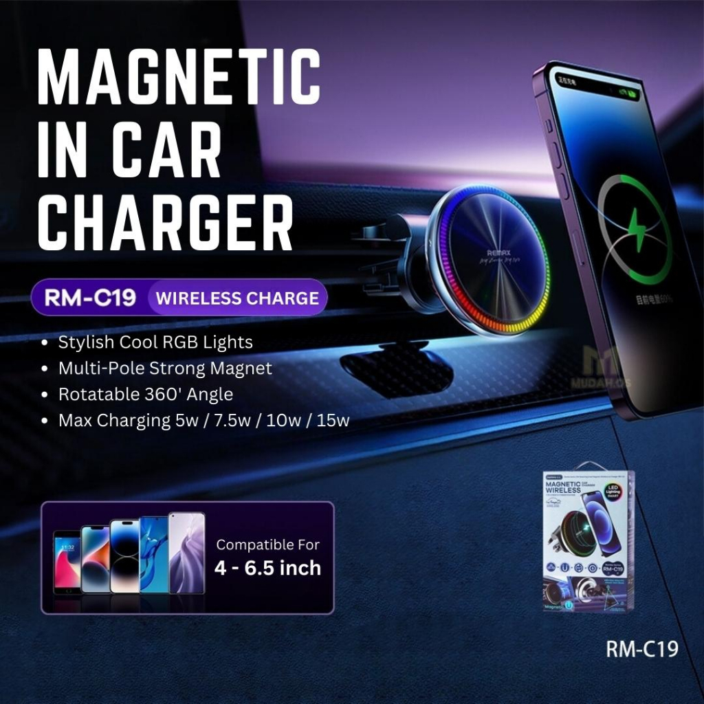 REMAX RM-C19 Magnetic 15W Wireless Air Vent Car Charger / RGB Smart LED ...