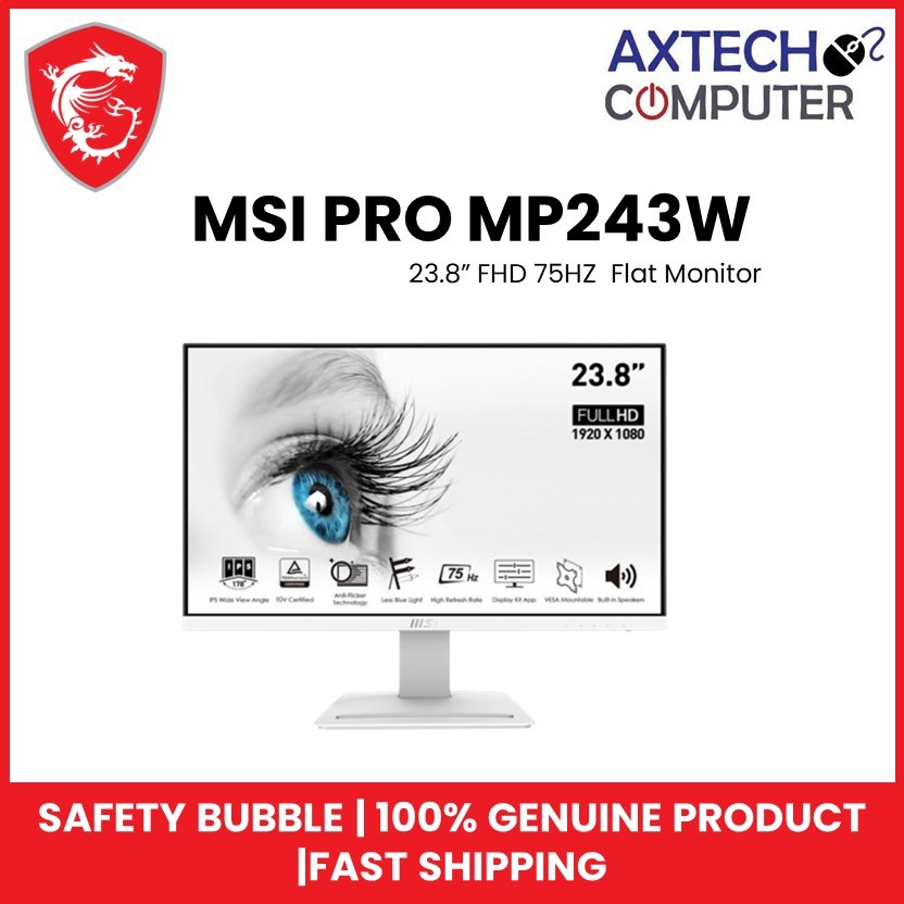 MSI Pro MP243W 23.8" FHD 75Hz Flat Monitor (HDMI, DisplayPort, 3Yrs ...